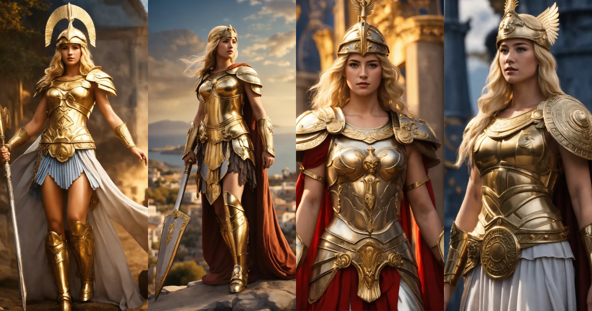 Lexica - Full body of Greek goddess Athena with blonde hair, armor ...