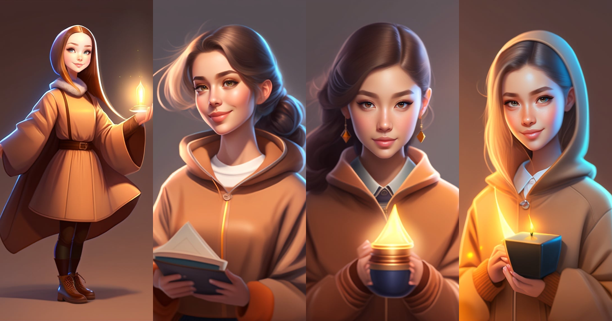 Lexica - Young female character, novice magician, in light brown sweatshirt