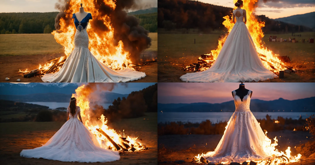 Lexica - A wedding dress burning in a bonfire, high quality, 8k, cinematic