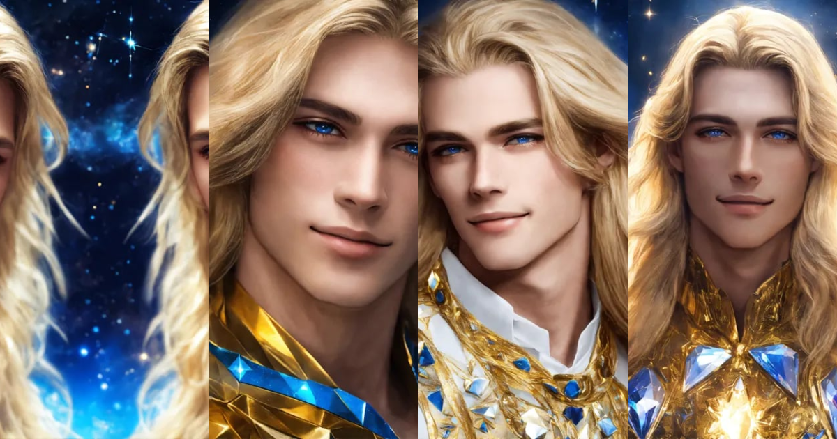 Lexica - Beautiful faces cosmic men long blond hair, smiling, blue and ...