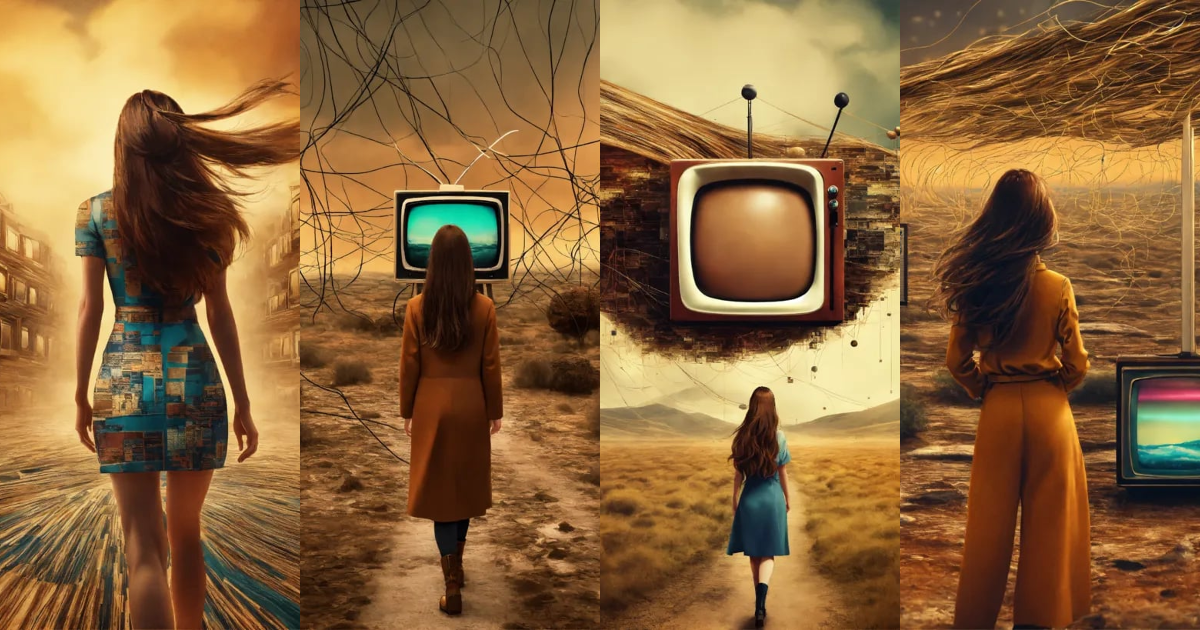 Lexica - Retro TV Static World Place a woman with long brown hair in a ...