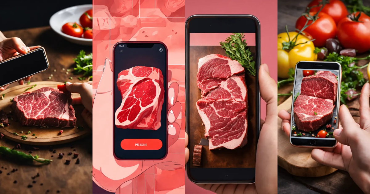 Lexica - Hand holds a phone, a raw beef steak appears from the phone