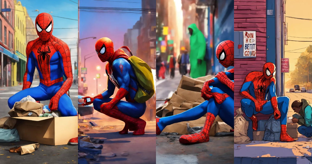 Lexica - Spiderman helping homeless people, colorful background, 2D ...