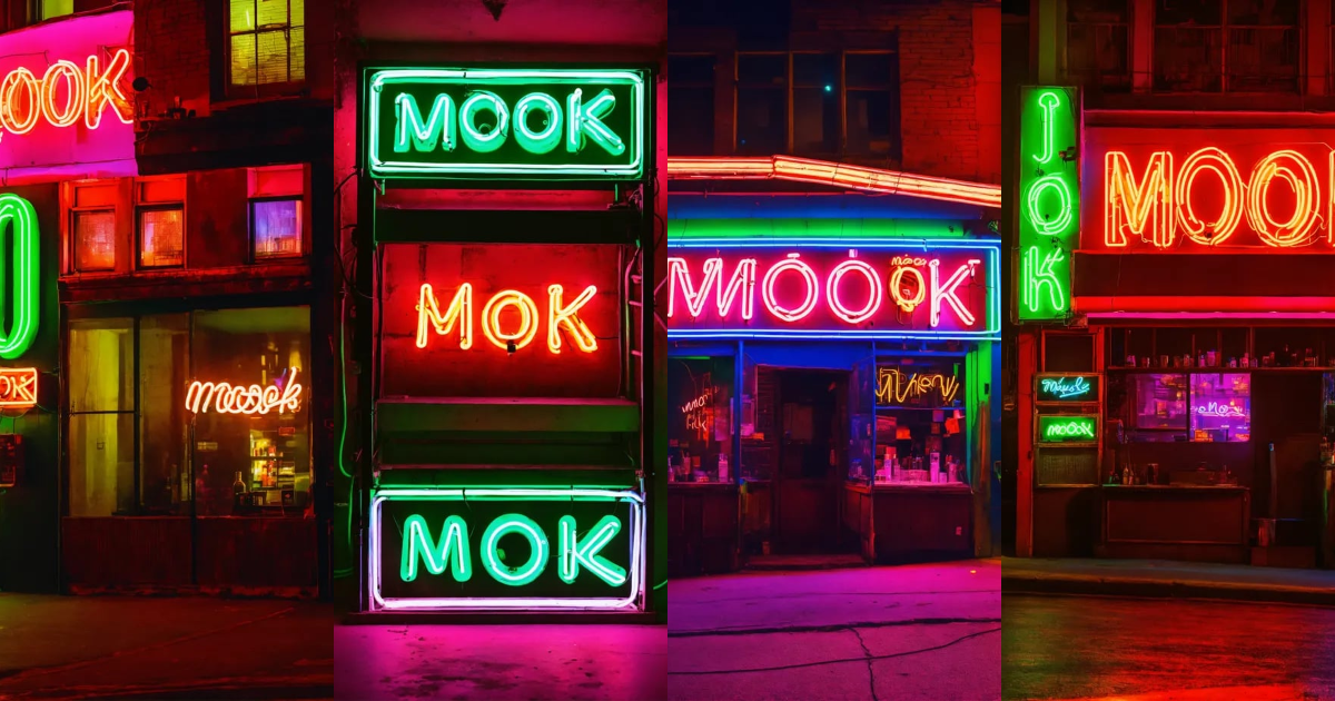 Lexica - Nostalgic neon sign that says, "MOOK" at a club