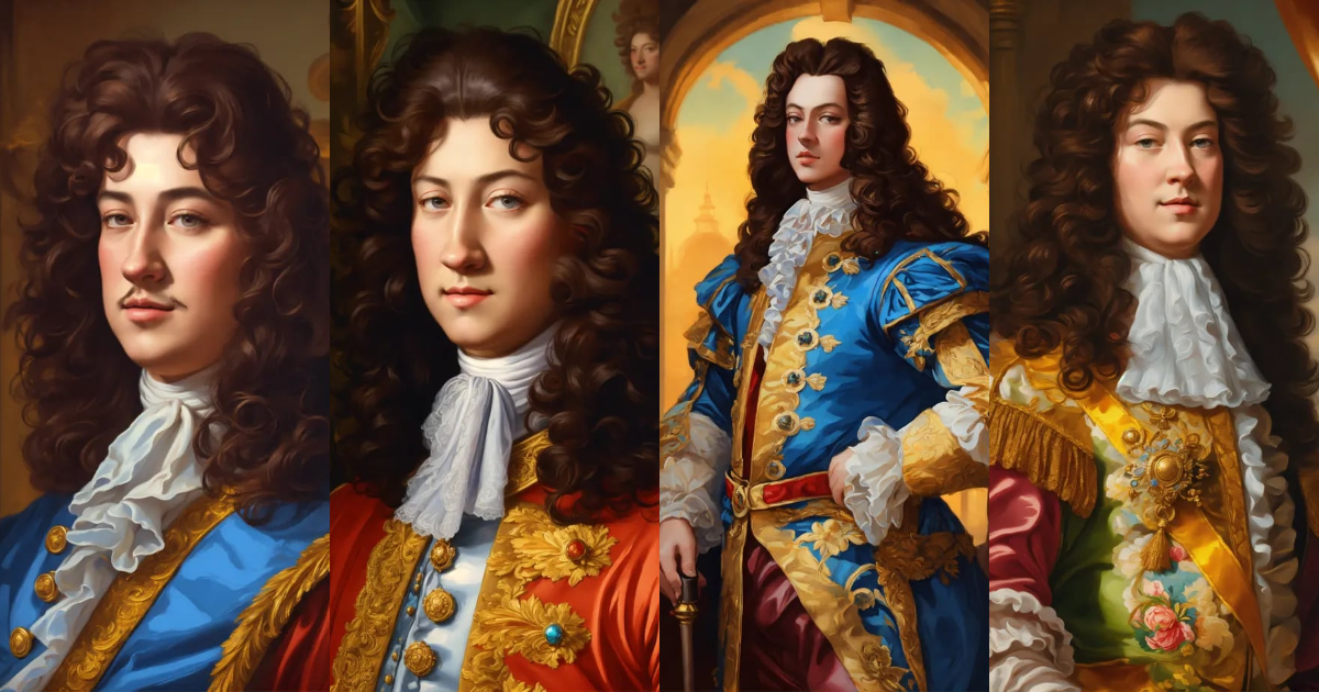 Lexica - Louis XIV, realistic cartoon oil paint, 2D illustration style ...