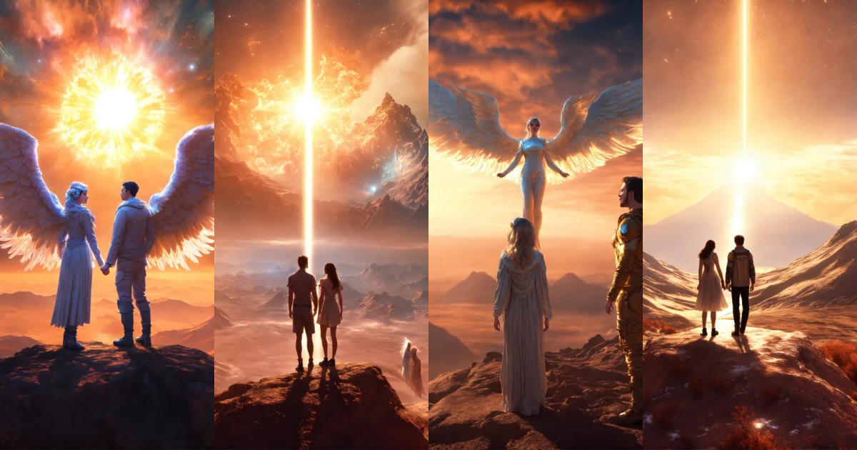 Lexica - Ethereal man angel and young ethereal woman angel, mountain ...