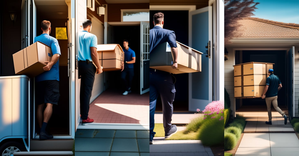 Lexica - Delivery van driver carrying a package to the doorstep of a ...