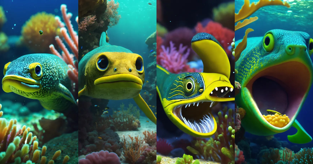 Lexica - A moray eel with big eyes, animated, cartoon, unreal.