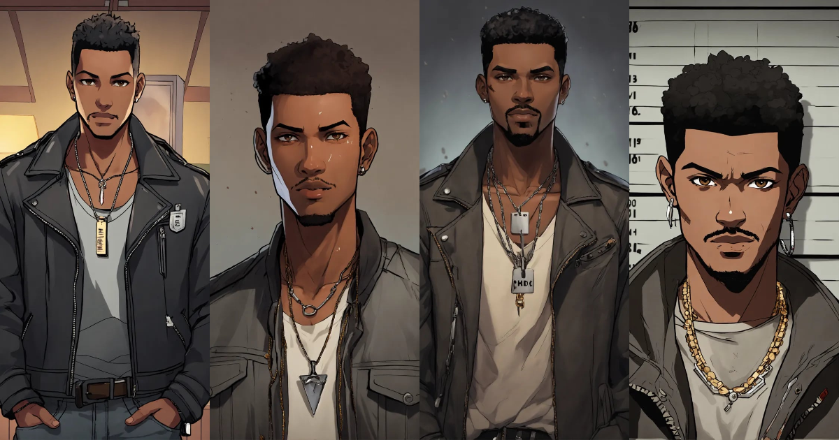 Lexica - Tall black male, gray leather jacket, brown eyes, short black ...