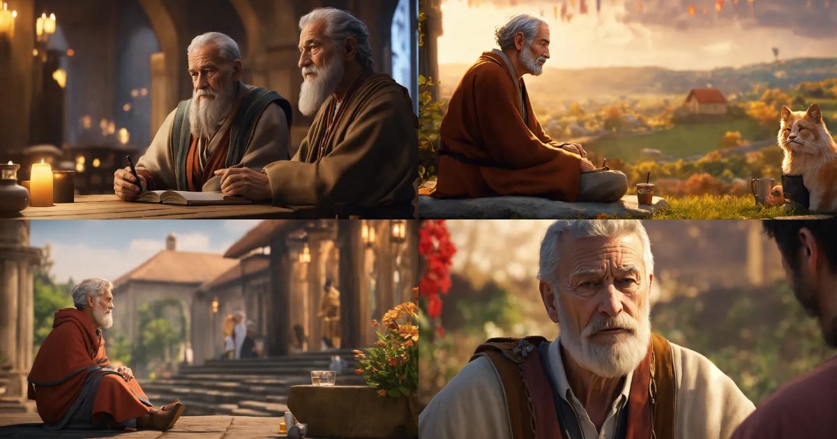 Lexica - Stoic old man, chating with a friend,gratitude, well done ...