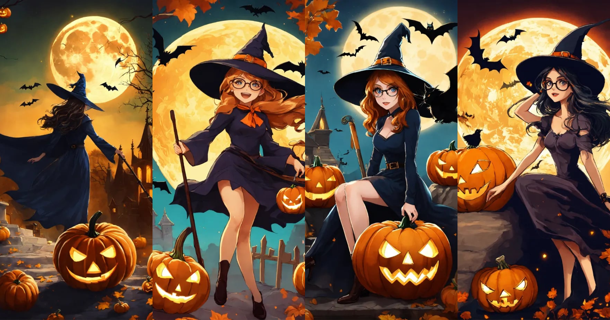 Lexica - Halloween, pumpkins, beautiful witch with icy eyes, elegant ...
