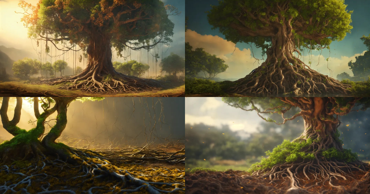 Lexica - Indepth Detailed, minute details, tree roots growing in air. In the style of soft ...