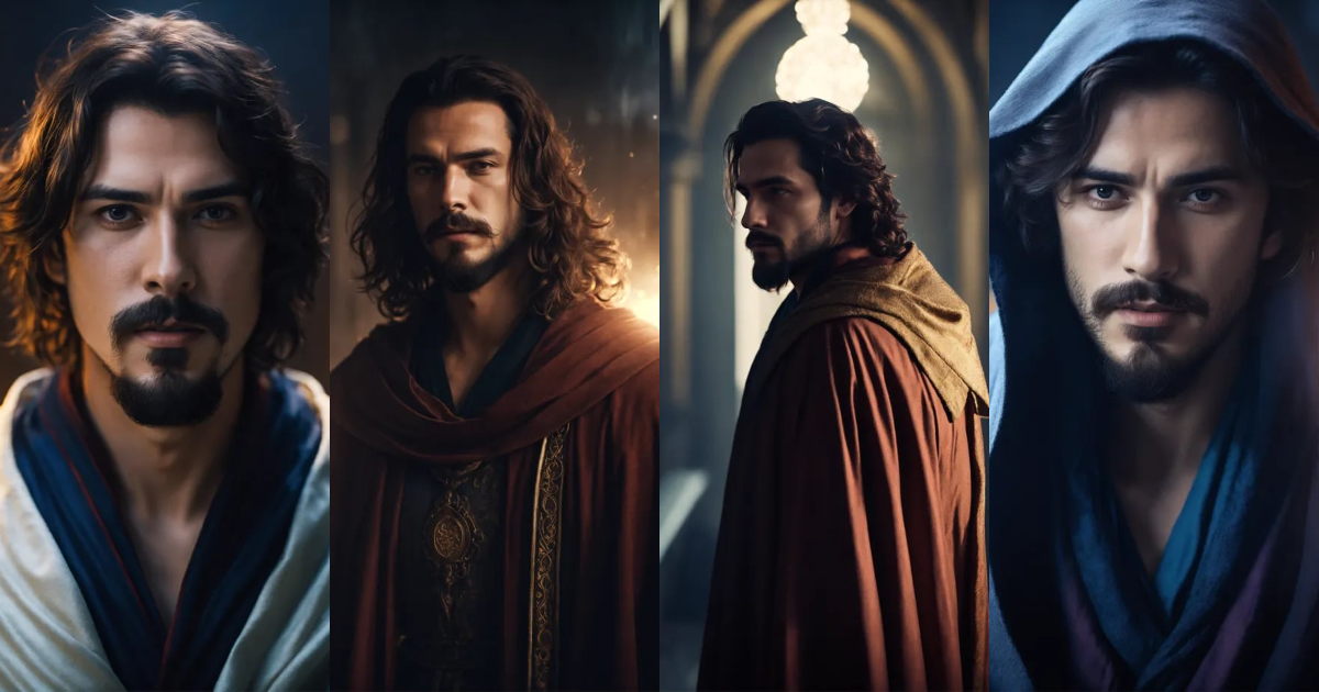 Lexica - Dark medium hair, french goatee, wizard robes white light ...