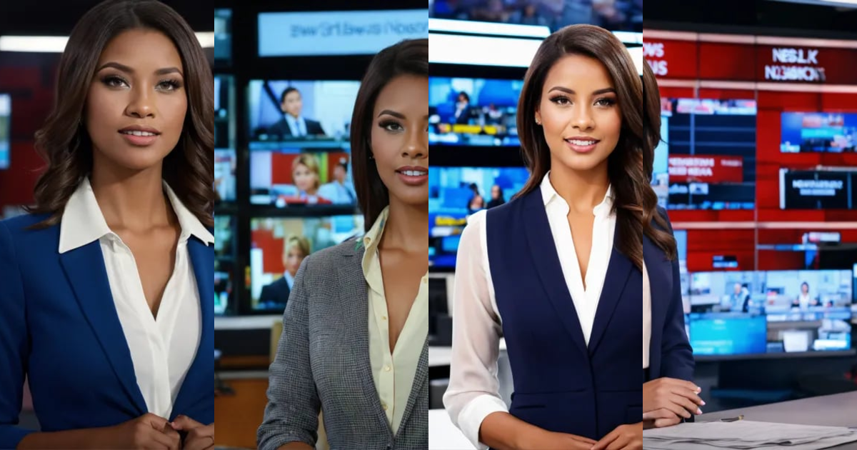 Lexica - A beautiful news caster standing in front of the camera in a ...