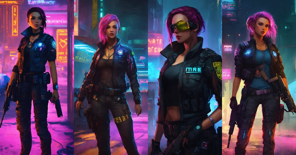 Lexica - Shadowrun, private security rent-a-cop woman, cyberpunk, neonpunk, neoncore, lightcore ...