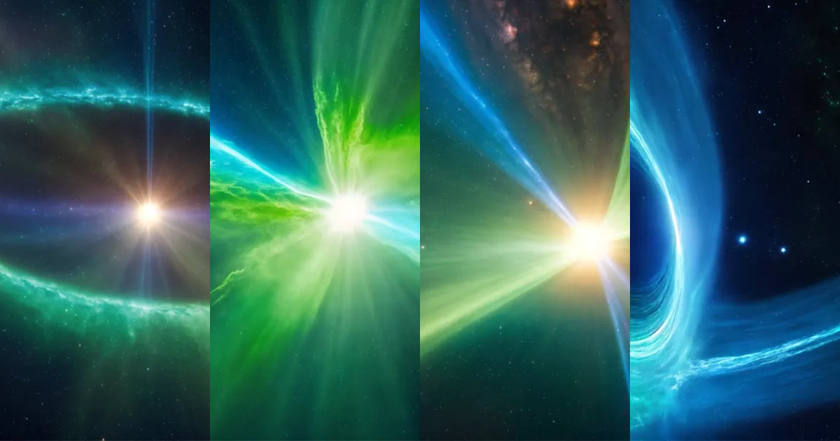 Lexica - Two blue and green light rays colliding in the universe