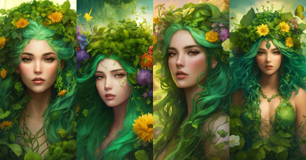Lexica - "legendary nature goddess", huge green hair, plants, vines ...