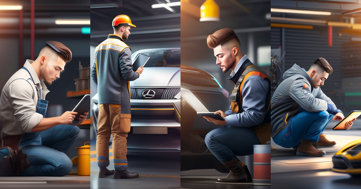 Lexica - A young mechanic wearing a uniformwith with a tablet is ...