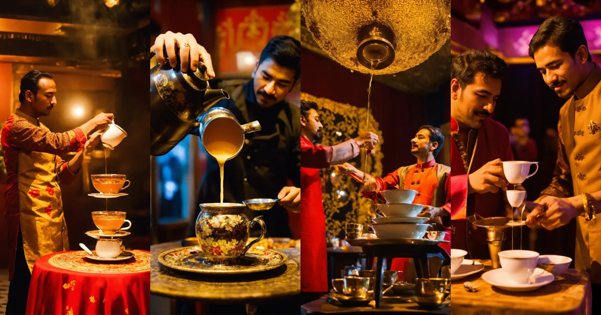 Lexica - Chai master pouring Chai tea from one cup to another cup that ...