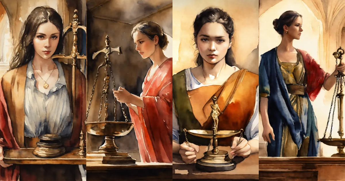 Lexica - Realistic watercolor, woman carrying judicial scales