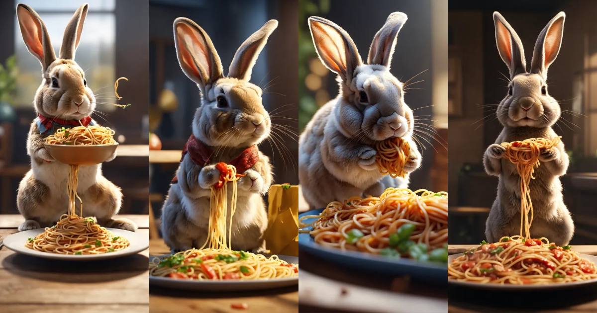 Lexica - A rabbit standing on 2 legs, eating spaghetti, unreal engine ...
