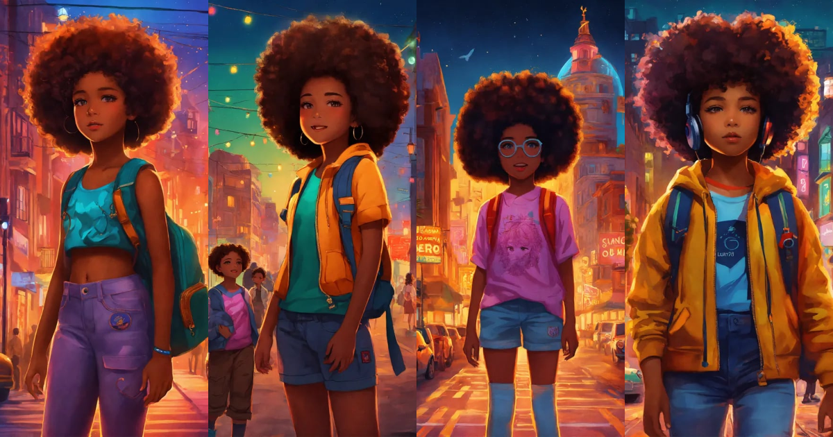 Lexica - Ilustración de cinco colegiales de 12 años, niña afro de 9 ...