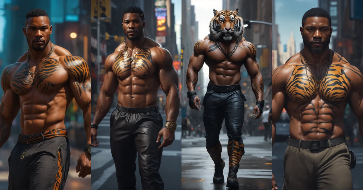 Lexica - A muscular black male Were-tiger man- tiger hybrid, walking ...