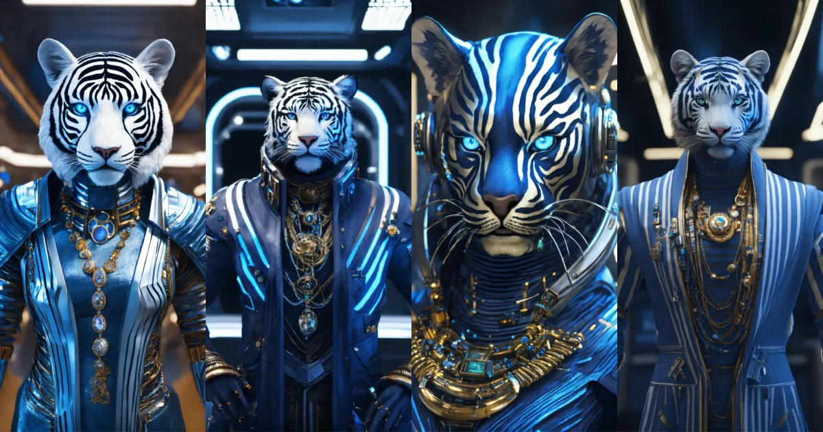 Lexica - Zoom out from a sophisticated blue striped tiger faced ...