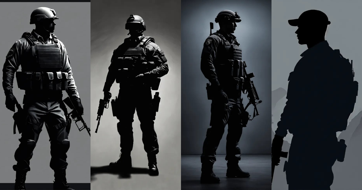 Lexica - Armed muscular security bodyguard silhouette, subtle, grey ...
