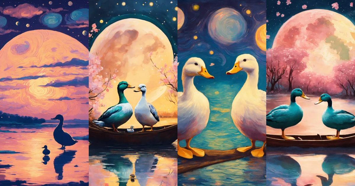 Lexica - I want you to create a romantic couple of 2 ducks on the moon ...