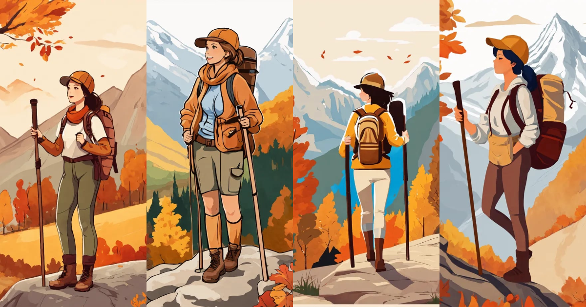 Lexica - Adorable female hiker, with wooden hiking stick, in autumn and ...