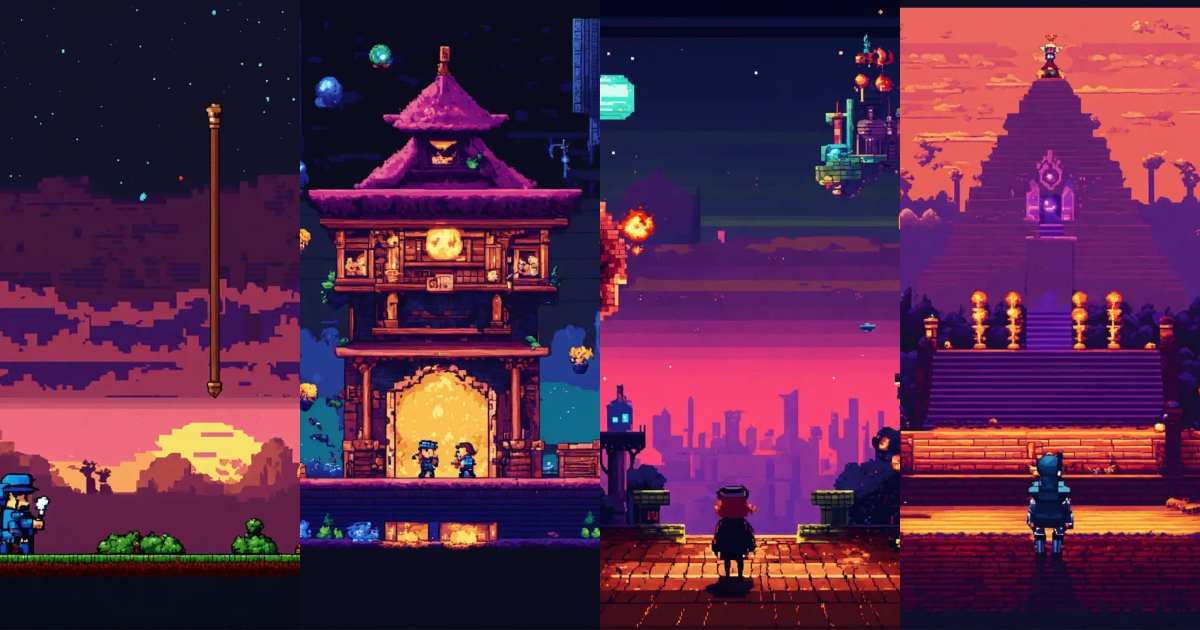 Lexica - 8-bit pixel art of a 2d gameplay night time with a final boss ...