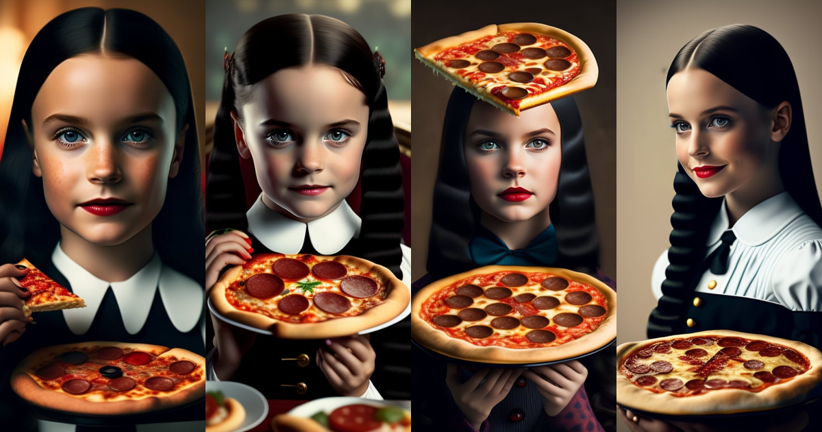 Lexica - Wednesday Addams eating pizza, 4k