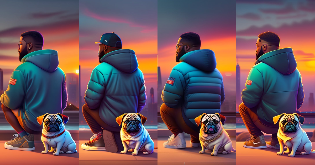 Lexica - A rapper standing next to a pug, watching the sunset, chill ...