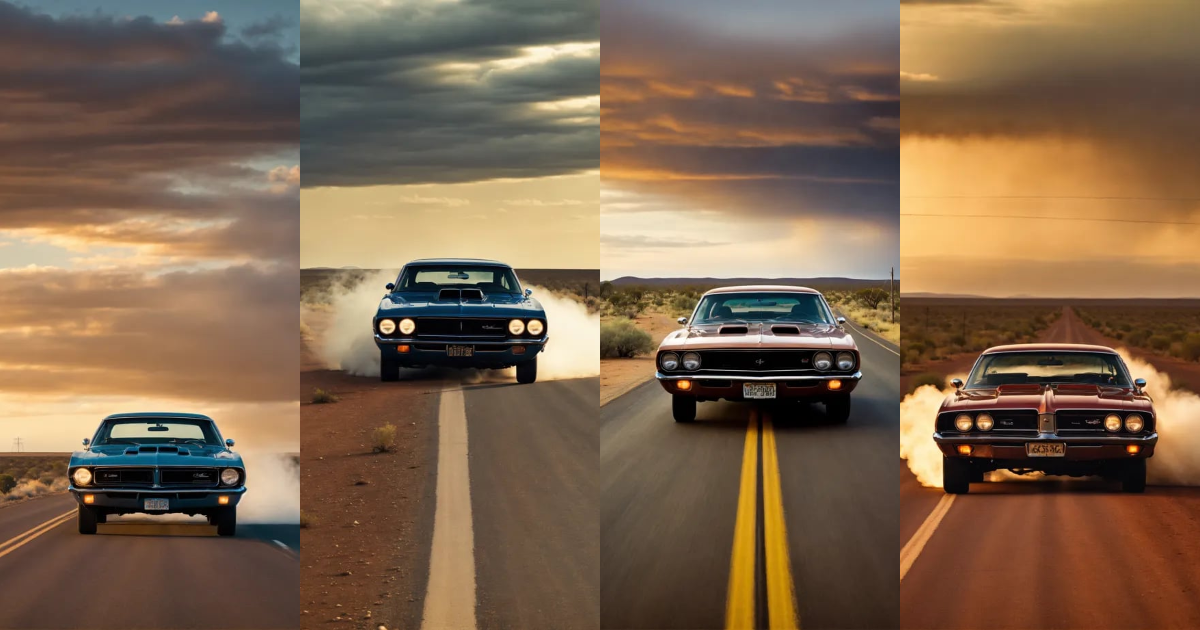 Lexica - A photograph of a classic muscle car driving on a wide road in ...