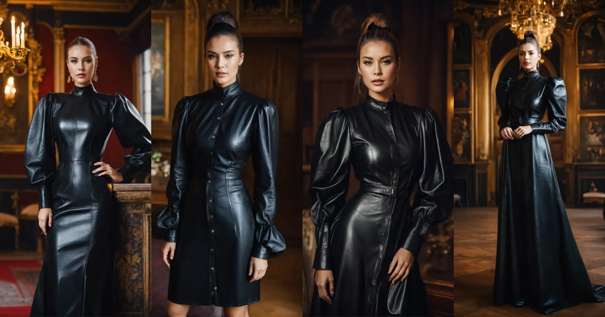 Lexica - Stunning governess woman wearing a black leather long shirt ...