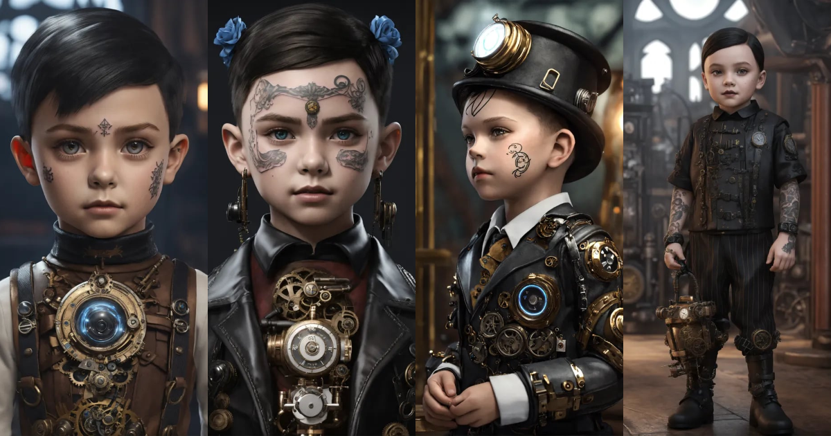 Lexica - Little boy, male, wednesday addams wearing tattooed steampunk ...