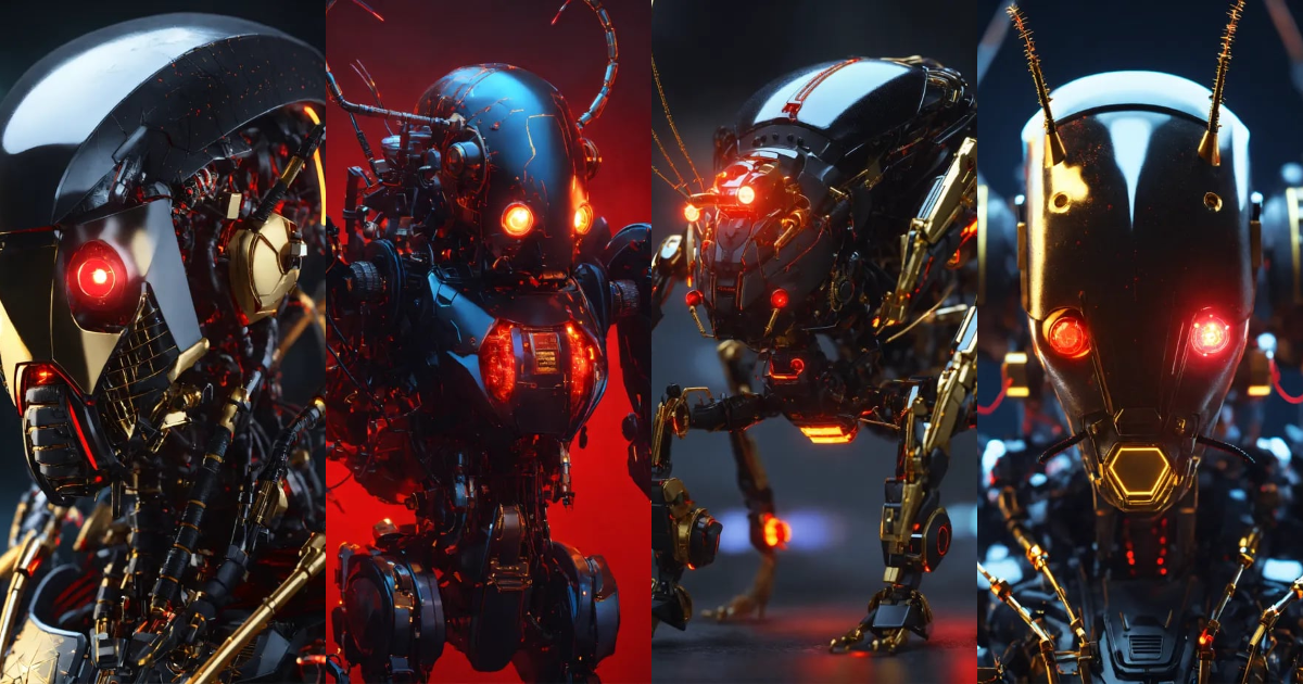 Lexica - Zoom out of black cockroach faced humanoid biobot with red ...