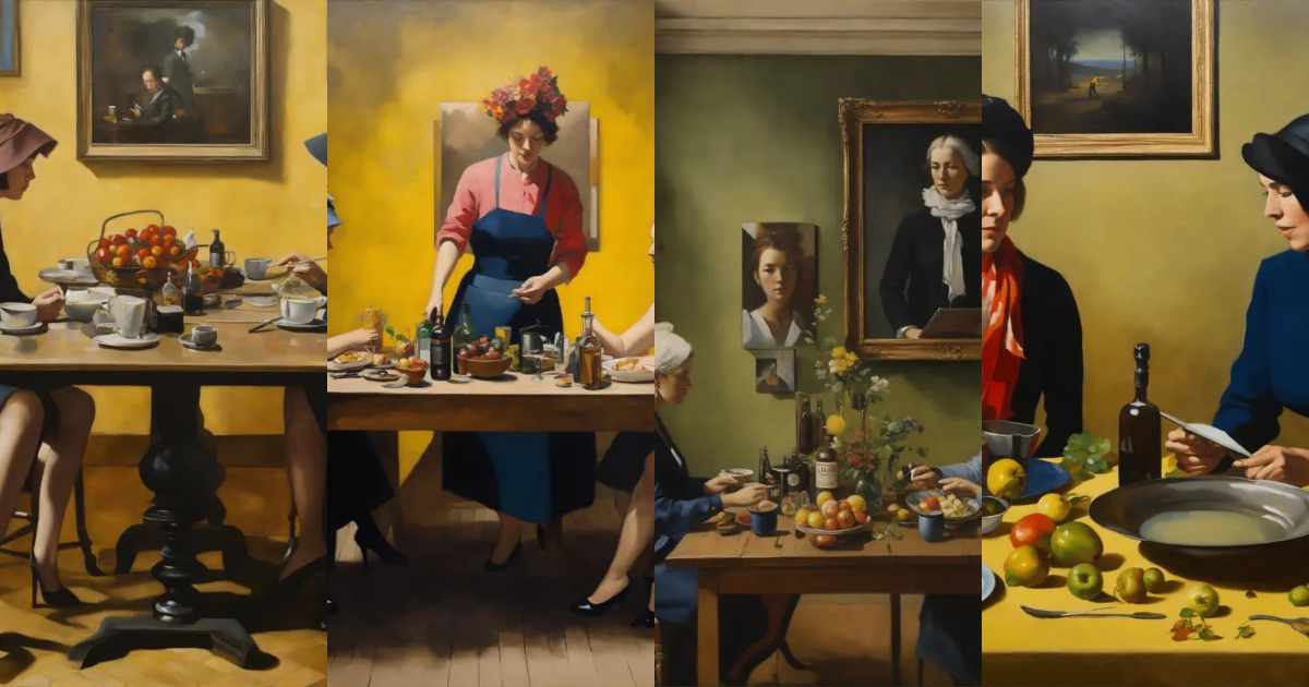 Lexica - 2 woman tallking in table in oil painting style charles jones ...