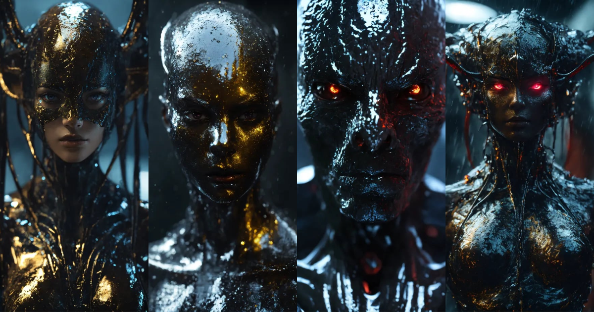 Lexica - The dark creature stares at the camera, in the style of liquid ...