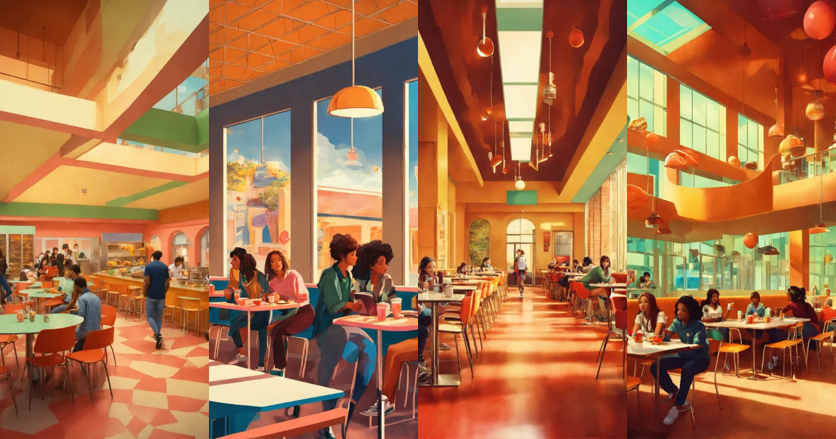 Lexica - Surreal style cafeteria scene with students on campus doing ...
