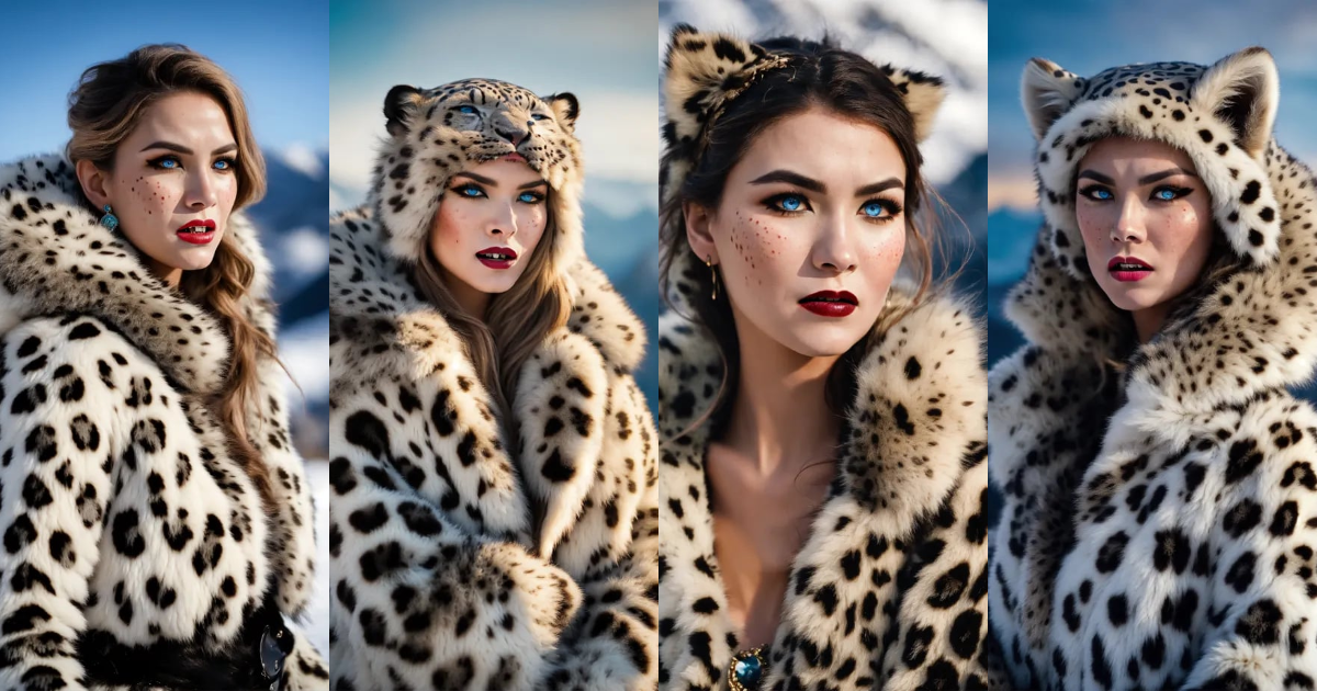 Lexica - Photograph a woman in a snow leopard-themed fur outfit against ...