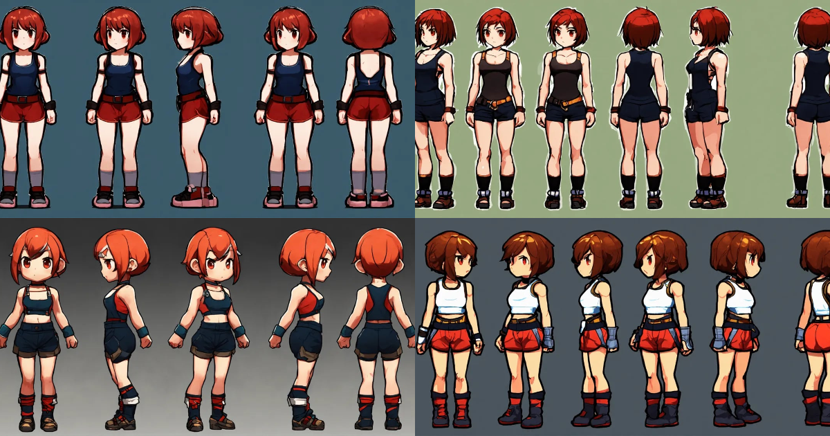 Lexica - Game assets, sprite sheet, girl, short hair, tank top, shorts ...