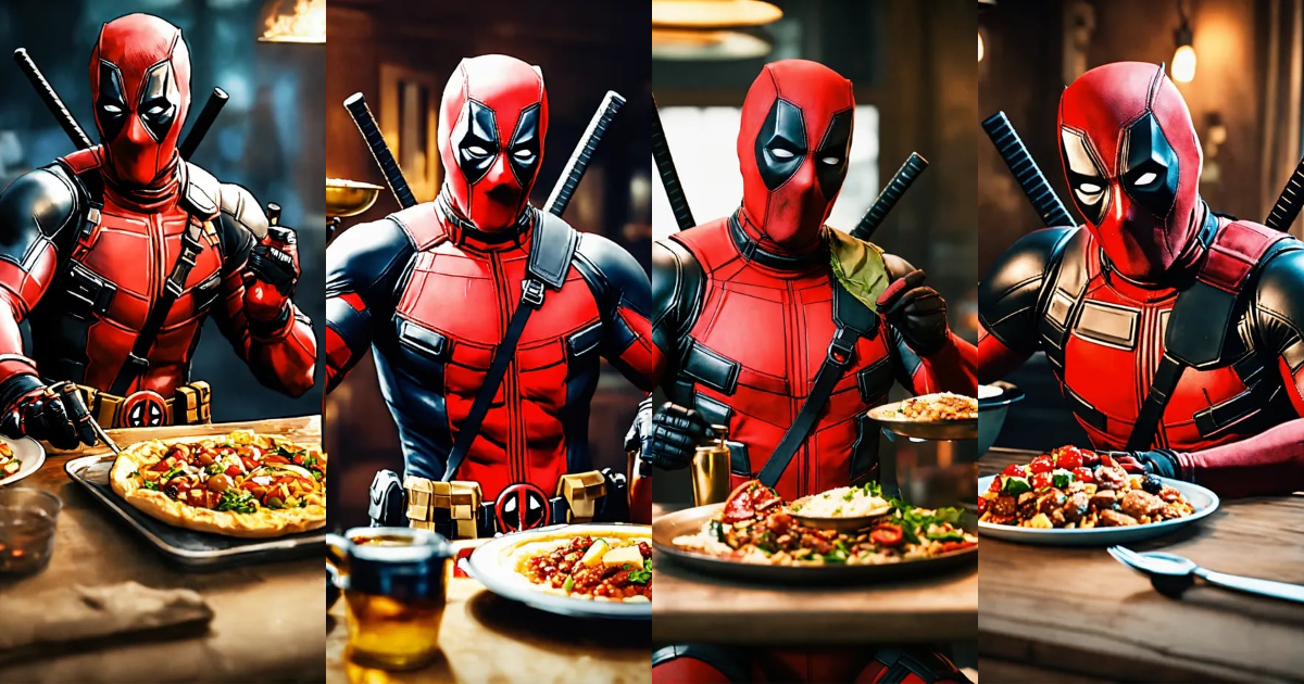 Lexica - Deadpool holding an coking a meal, unreal engine render, 8k