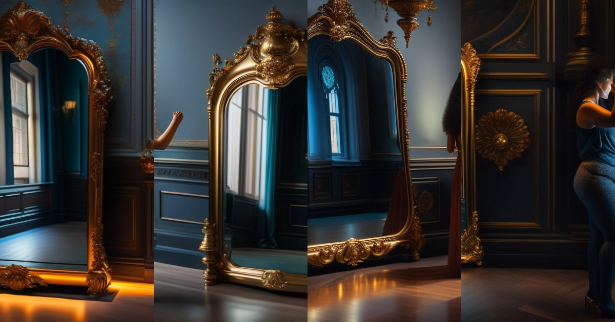 Lexica - An ornate, full-length mirror in a dimly lit room. The ...