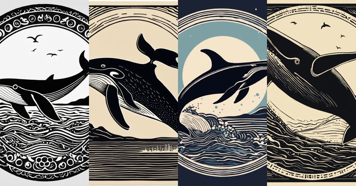 Lexica - Minimal small linocut of a whale, stylized, black and white ...
