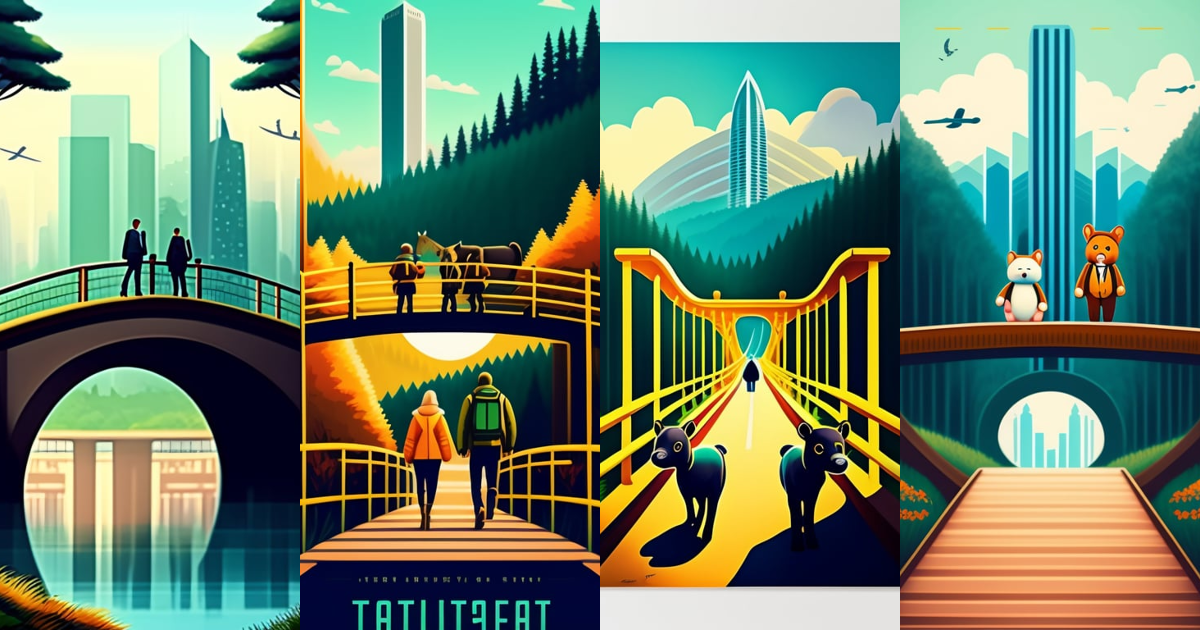 Lexica - Salesforce mascots crossing a footbridge in a forest with ...