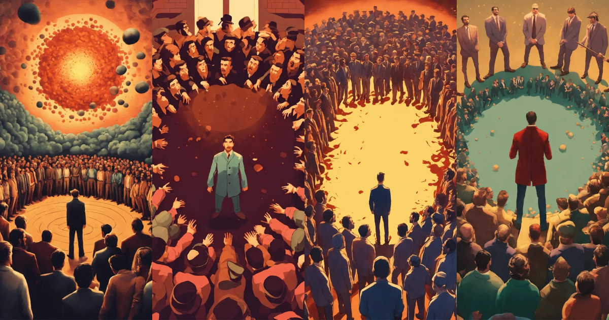 Lexica - A lone man getting surrounded by an angry mob of men in a ...