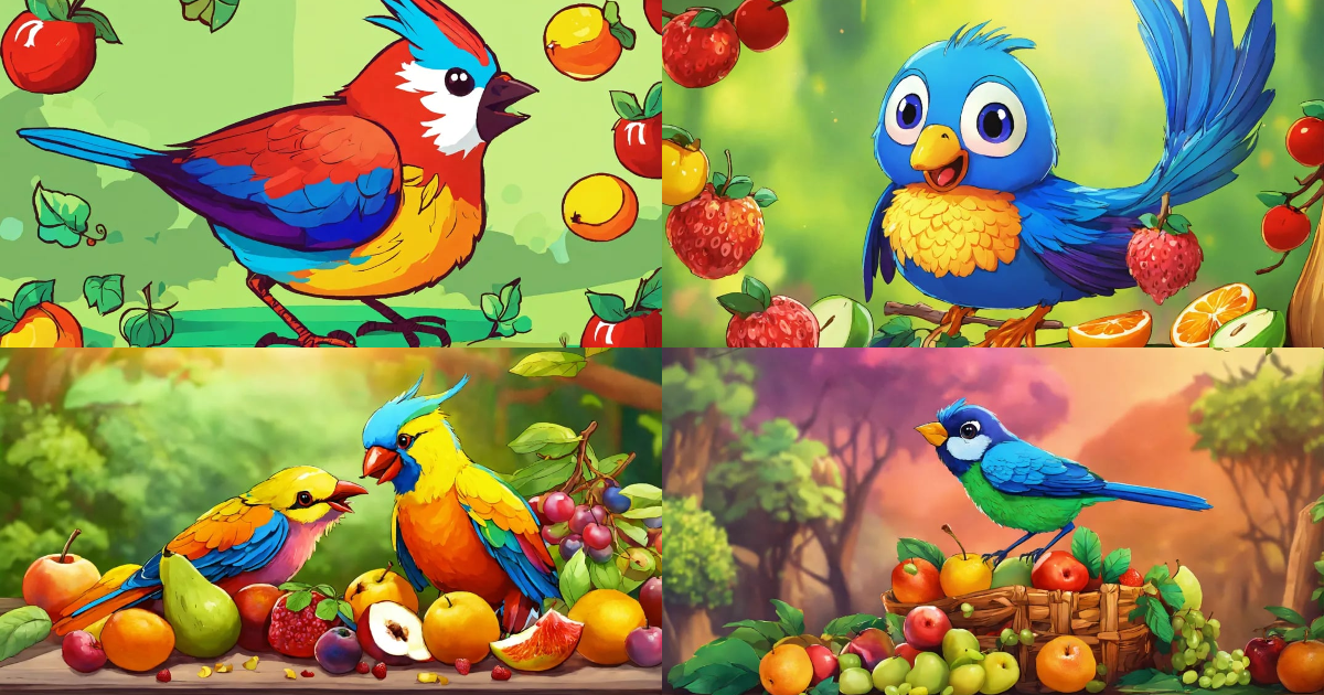 Lexica - A colorful bird is eating fruit, cartoon