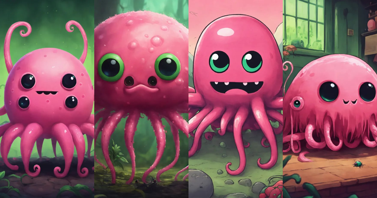 Lexica - A kawaii pink blob monster with skinny green tentacles. It has ...